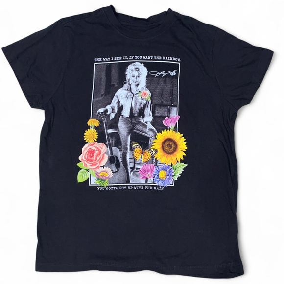 Dollcake | Tops | Dolly Parton Black Tee With Floral And Butterfly ...